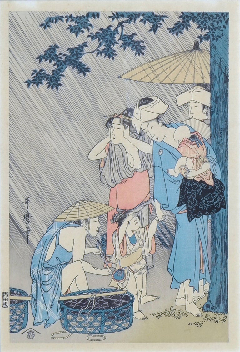 Kitagawa Utamaro II - Sheltering from the Rain at 1stDibs