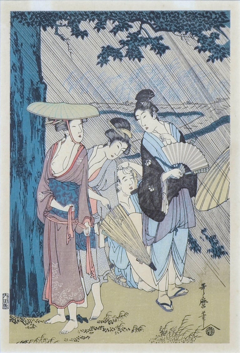 Kitagawa Utamaro II - Sheltering from the Rain at 1stDibs
