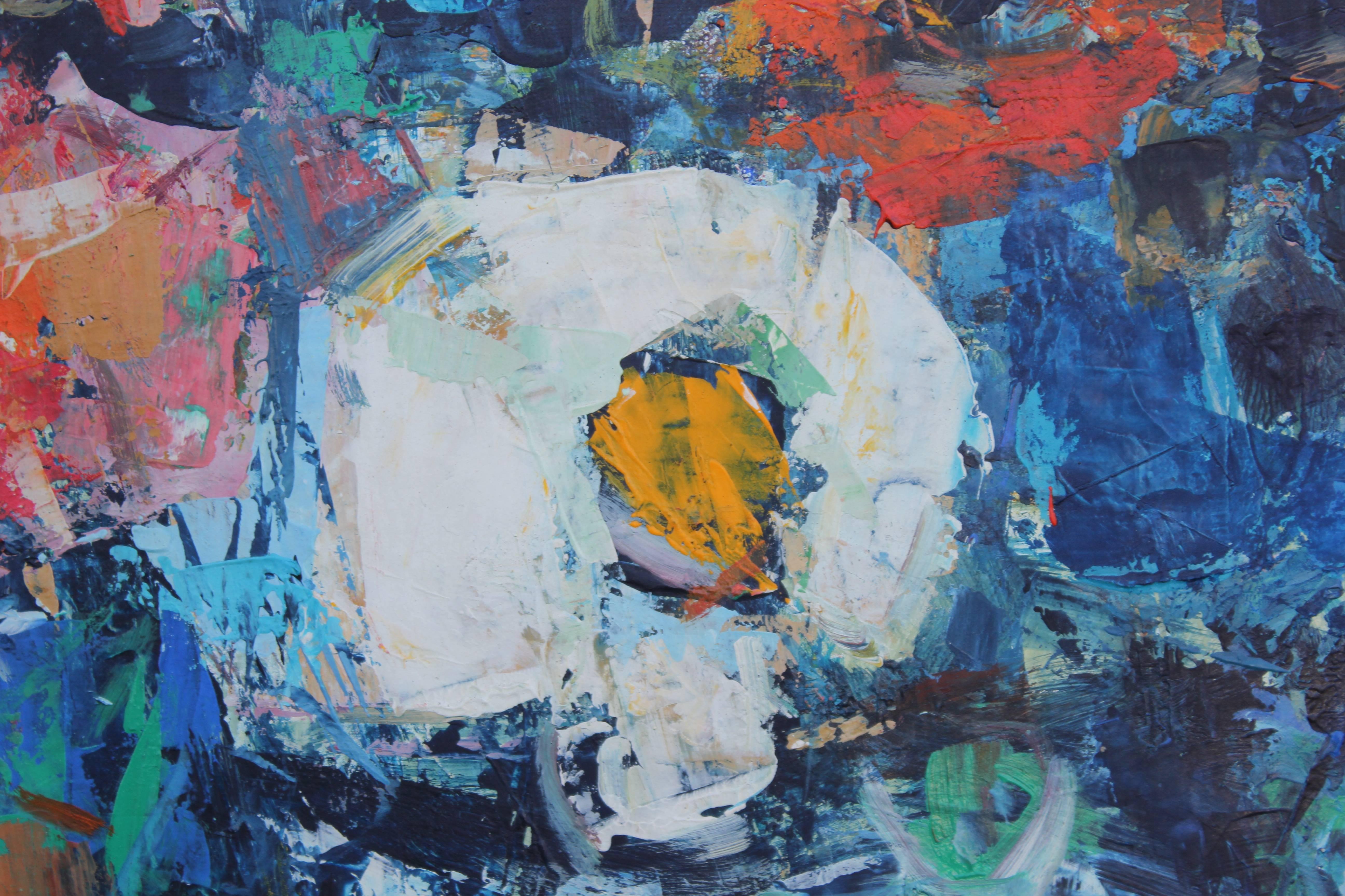 Alain Rousseau - Impressionist Flowers in Vase Still Life with Blue ...