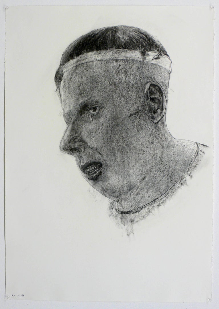 David Becker - Sweat Band #3, Charcoal Drawing, Bust of a Man Wearing a ...