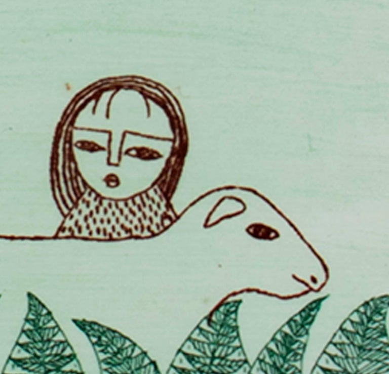 Keiko Minami Girl In Forest With Two Sheep An Original Etching