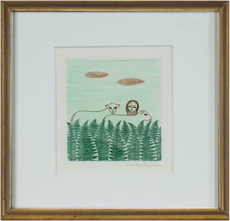 Keiko Minami Girl In Forest With Two Sheep An Original Etching