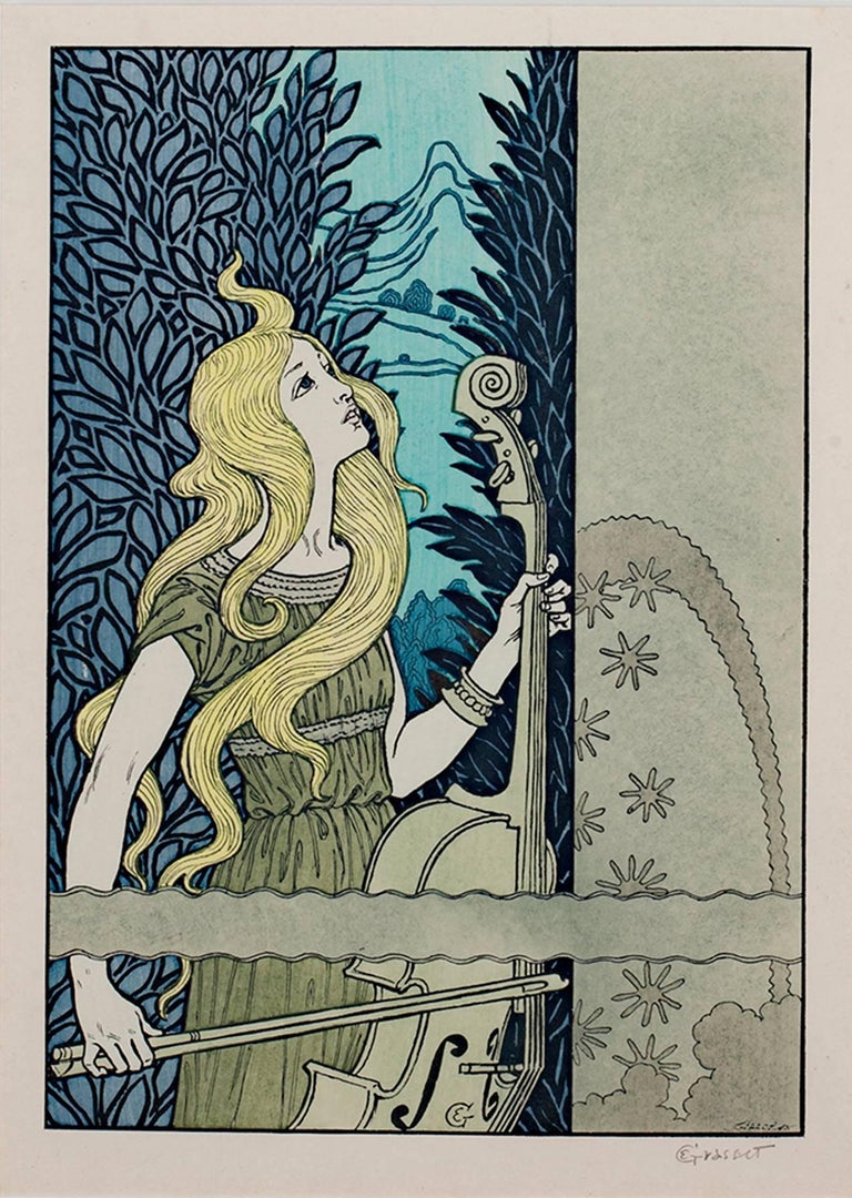 Eugène Grasset - "Woman with Cello, " Wood Engraving signed by Gillot ...