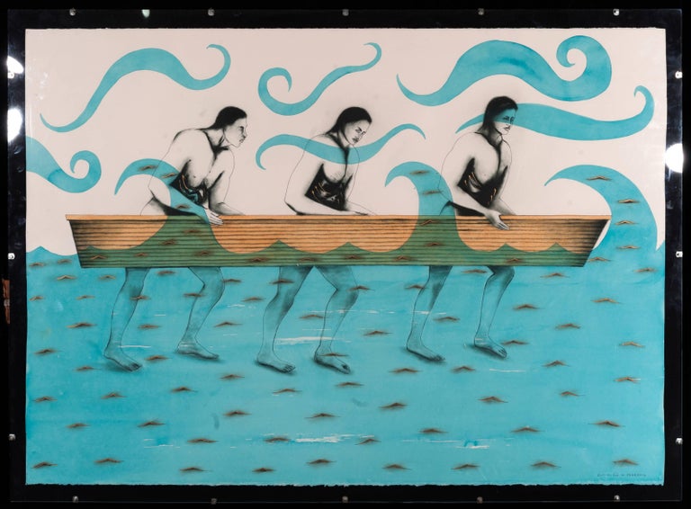 Humberto Castro - Untitled, oil on paper figurative, light blue and ...