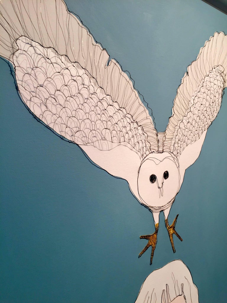 Fiona Morley - Child With Owl, blue wire and oil on canvas with white ...