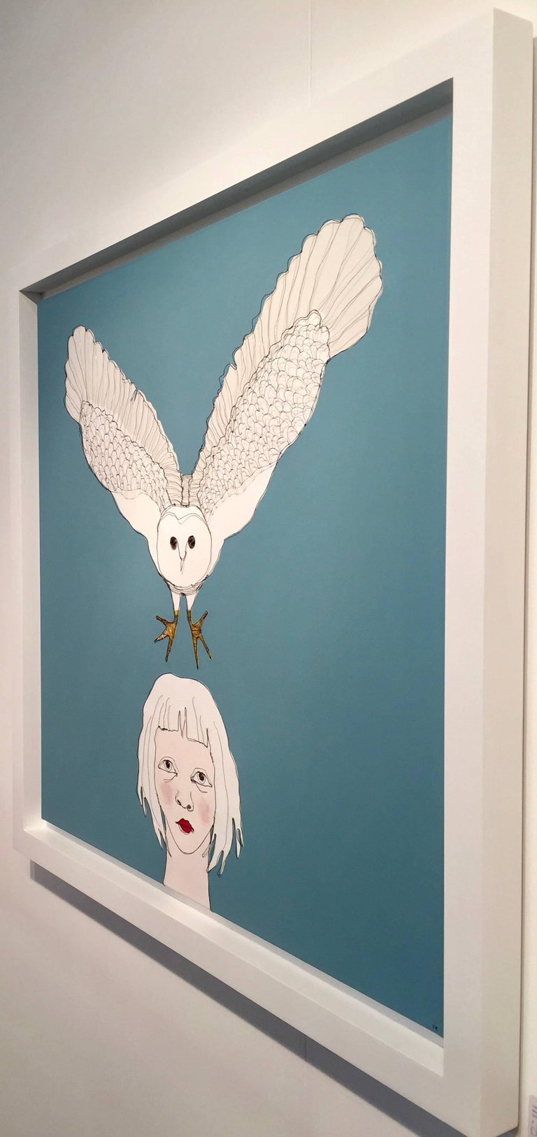 Fiona Morley - Child With Owl, blue wire and oil on canvas with white ...