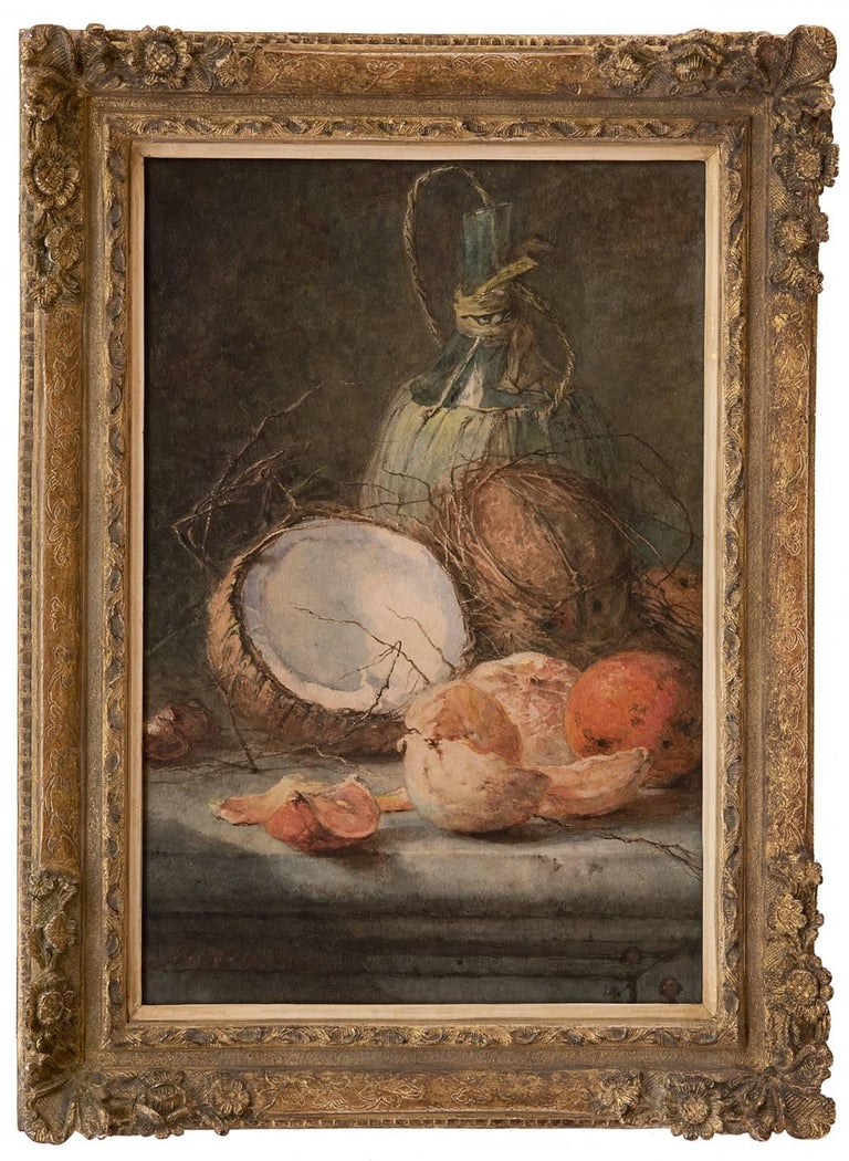 Maria Vos - Still life with a wine bottle, coconuts and oranges For ...