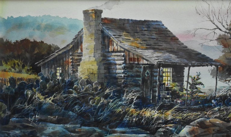 Finis Collins - "Texas Cabin Christmas" Awesome Watercolor For Sale at ...