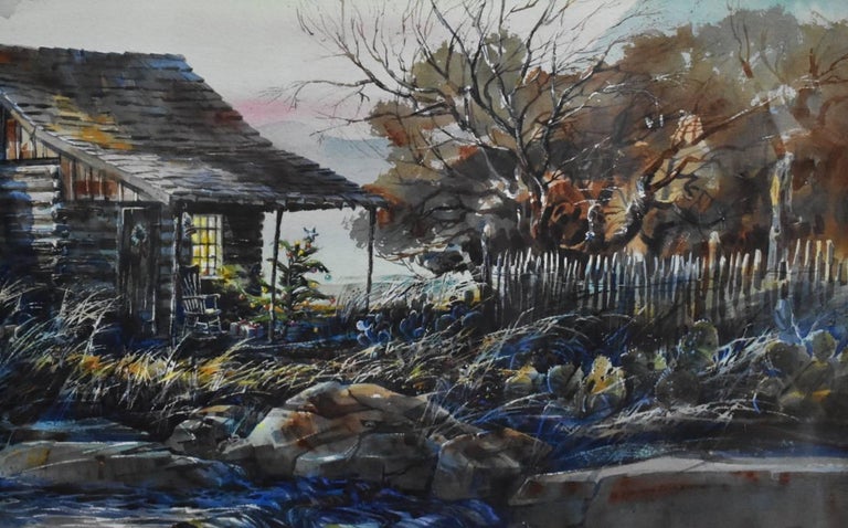 Finis Collins - "Texas Cabin Christmas" Awesome Watercolor For Sale at ...