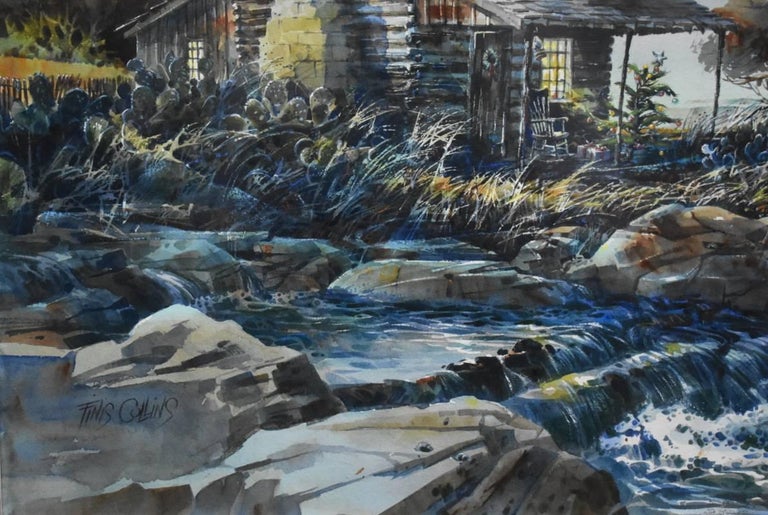 Finis Collins - "Texas Cabin Christmas" Awesome Watercolor For Sale at ...