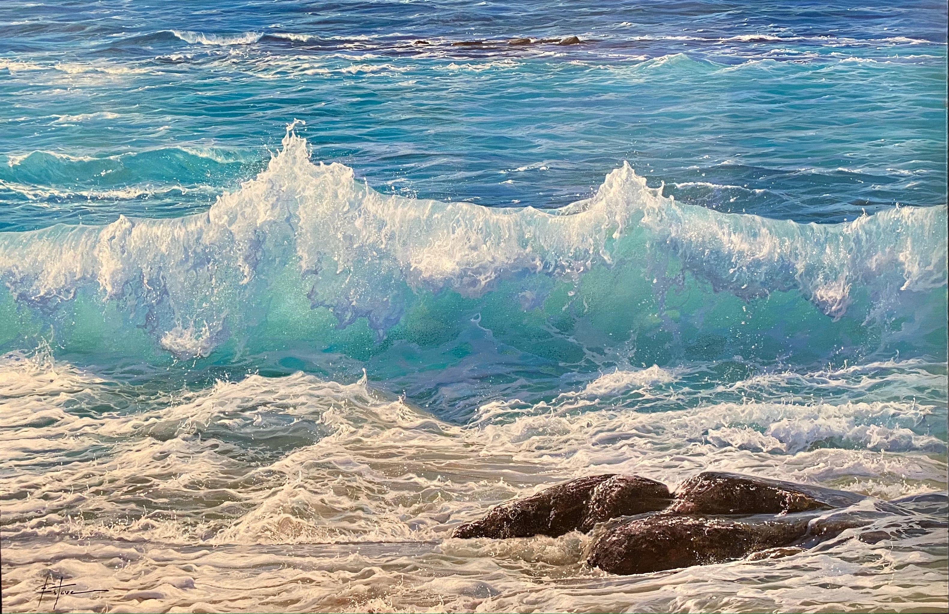 Marc Esteve - Beautiful Blue Wave Contemporary Oil Painting 'Surfers ...