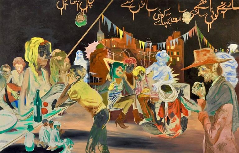 Salman Toor - Rooftop Party with Ghosts 3 (Triptych) For Sale at 1stDibs