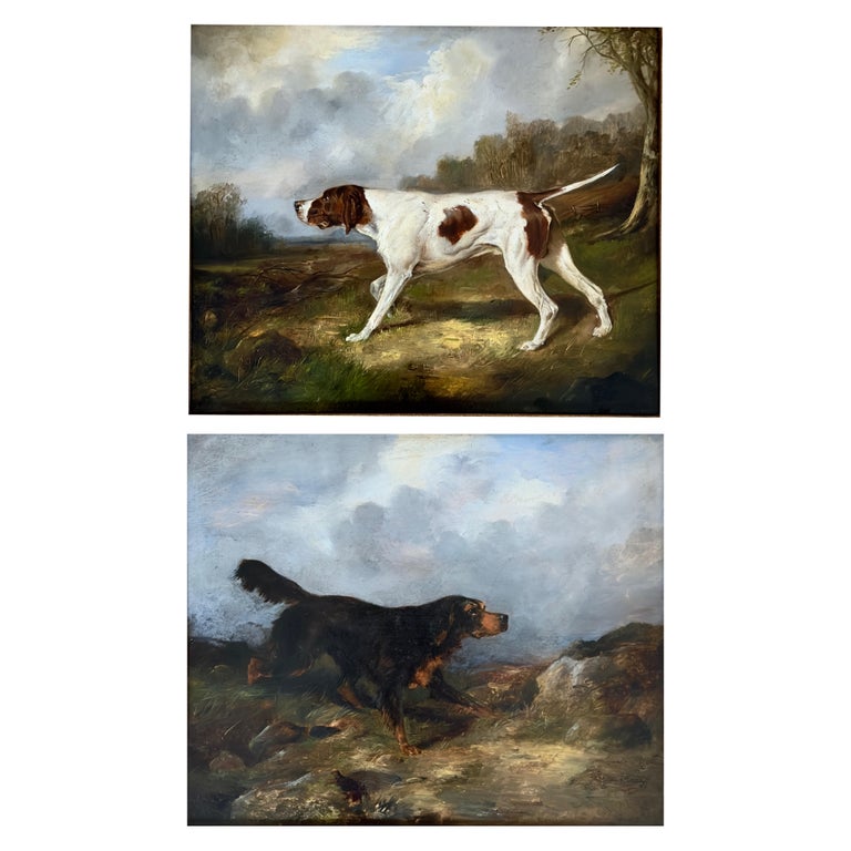 George Wright - A pair of portraits of a setter and a pointer dog in a ...
