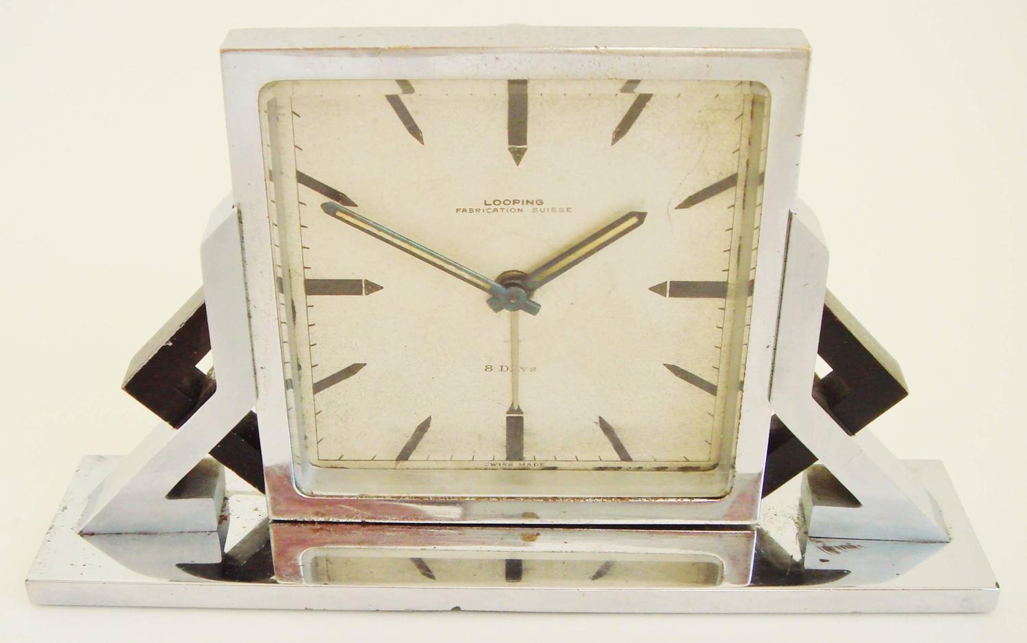 Swiss Art Deco Chrome and Black Enamel Geometric 8-Day Alarm Clock by ...