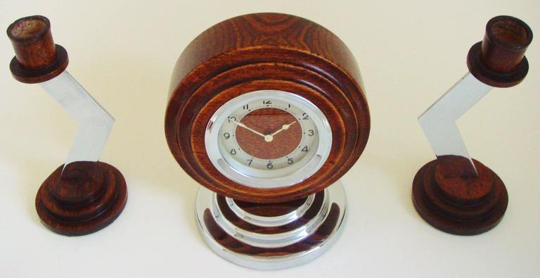 German Art Deco Geometric Clock and Candlestick Set in Chrome and Oak ...