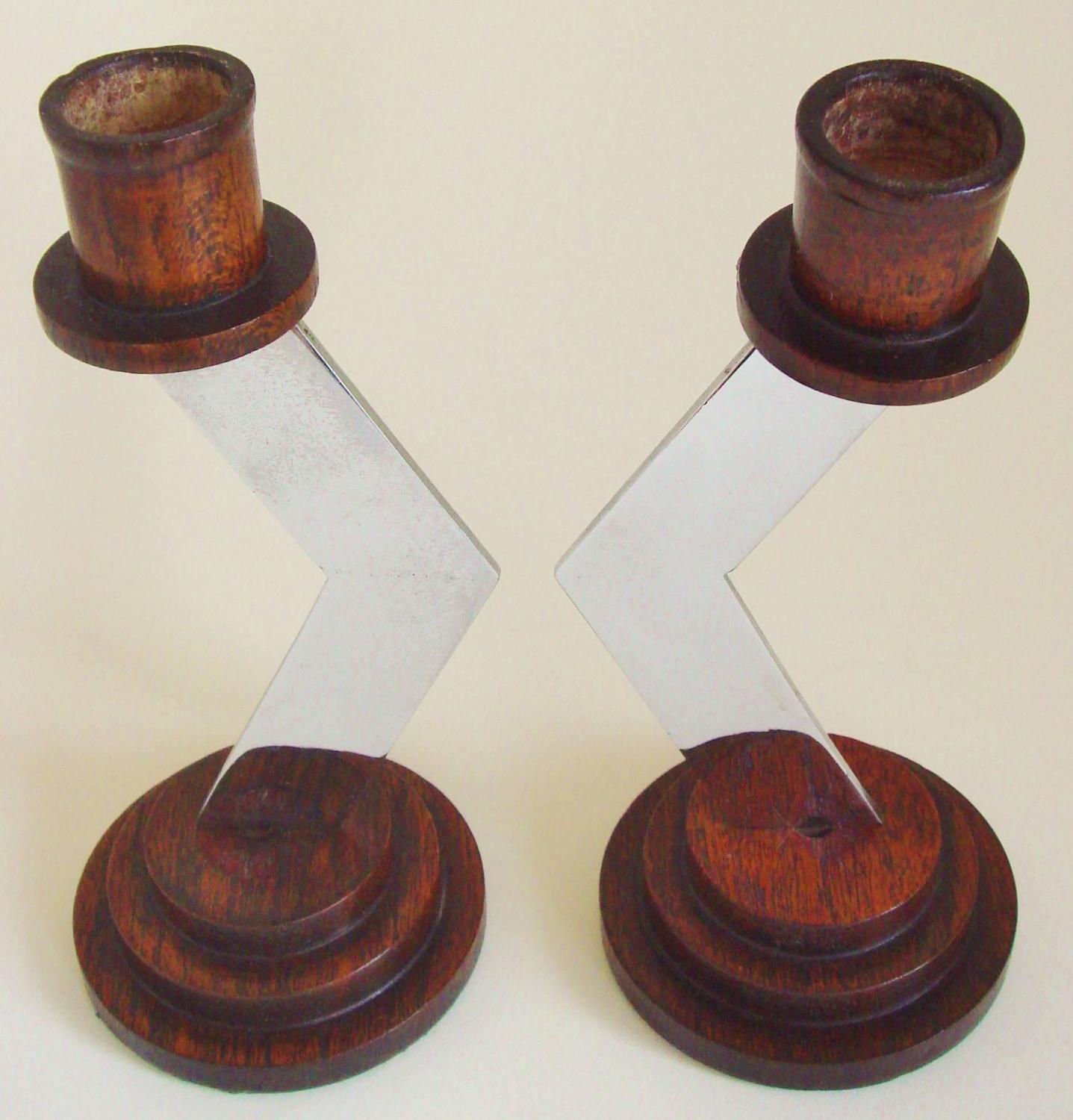 German Art Deco Geometric Clock and Candlestick Set in Chrome and Oak ...