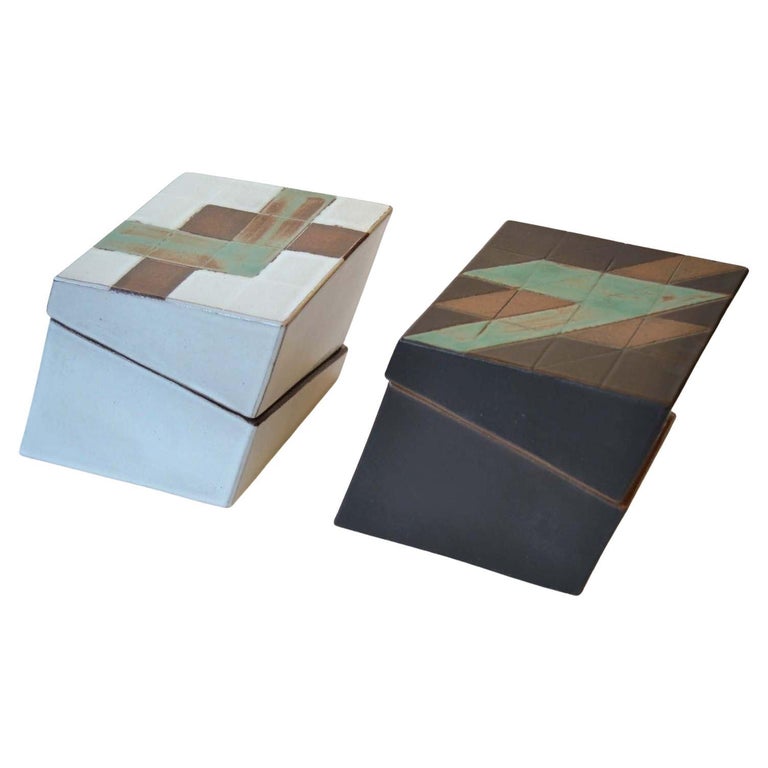 Pair of Square Geometric Ceramic Boxes in Black and White For Sale at ...