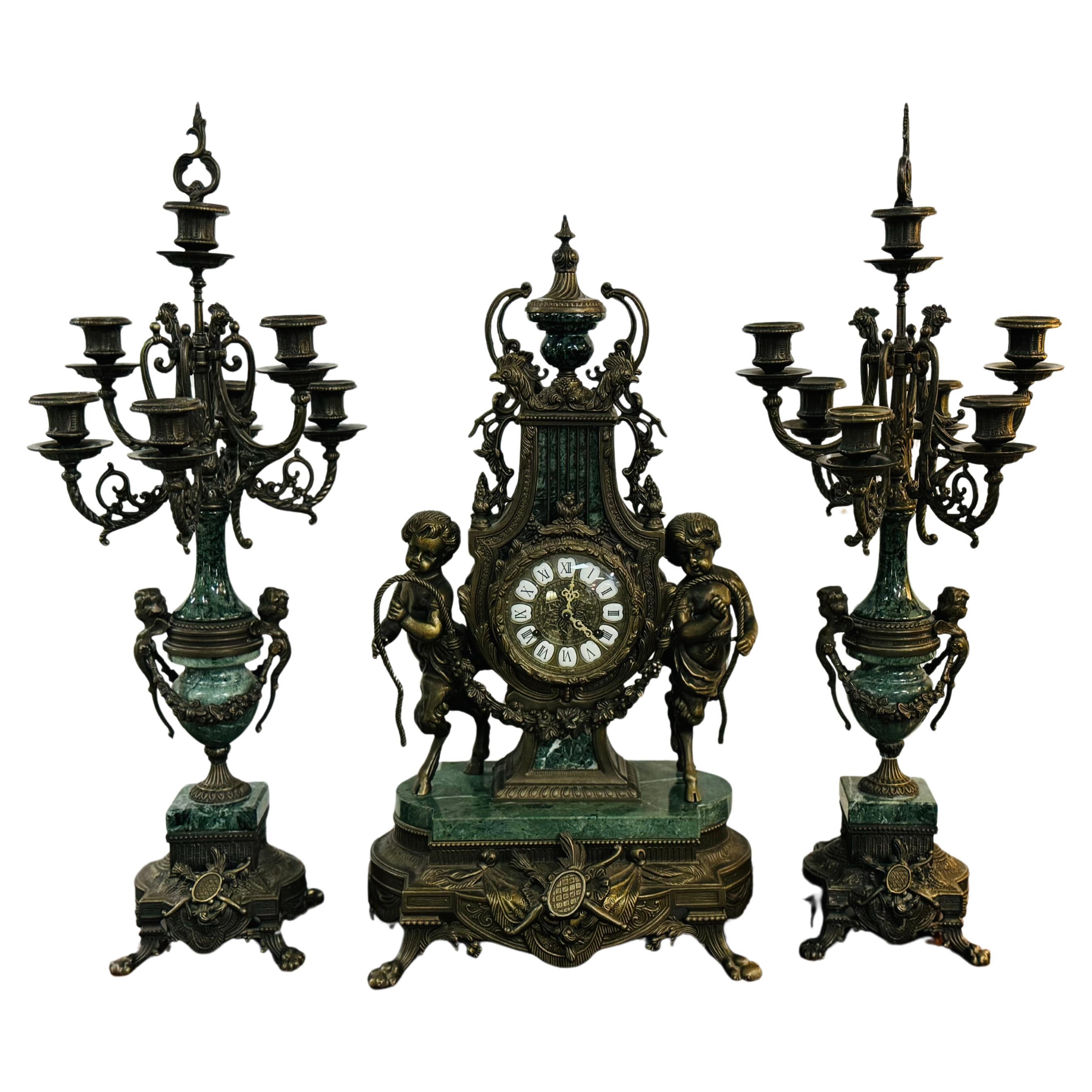 Vintage Lancini Italian Candelabras and Mantle Clock For Sale at 1stDibs