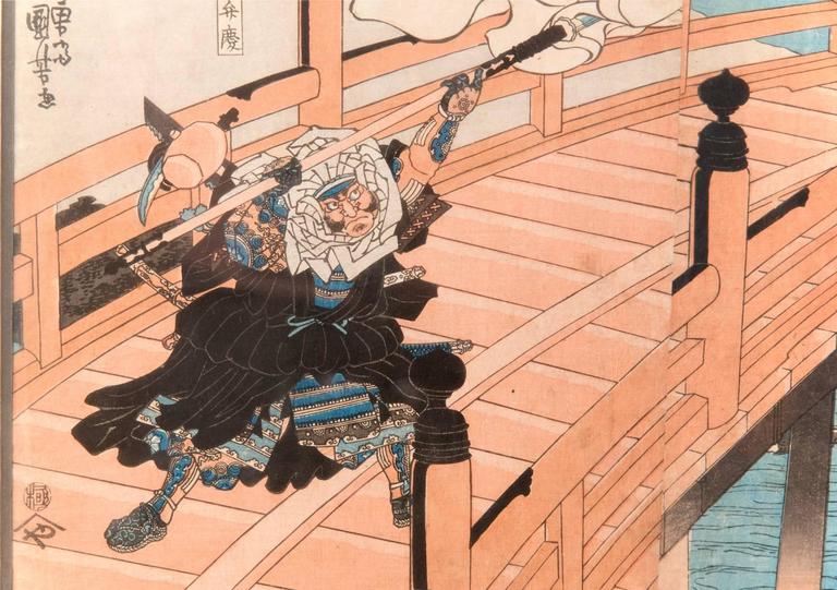 Japanese Woodblock Print of Benkei and Ushikawa-Maru Fight on Gojo ...