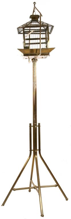 Chinese-Style Brass Hanging Bird Cage and Stand at 1stDibs