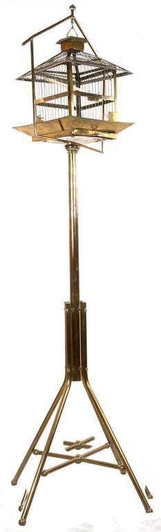 Chinese-Style Brass Hanging Bird Cage and Stand at 1stDibs