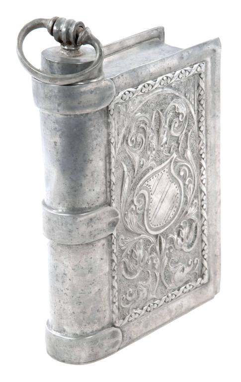 Faux-Book Pewter Flask with Renaissance-Style Engravings at 1stDibs