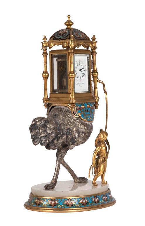Gilt and Silvered Bronze and Cloisonné Figural Clock at 1stDibs