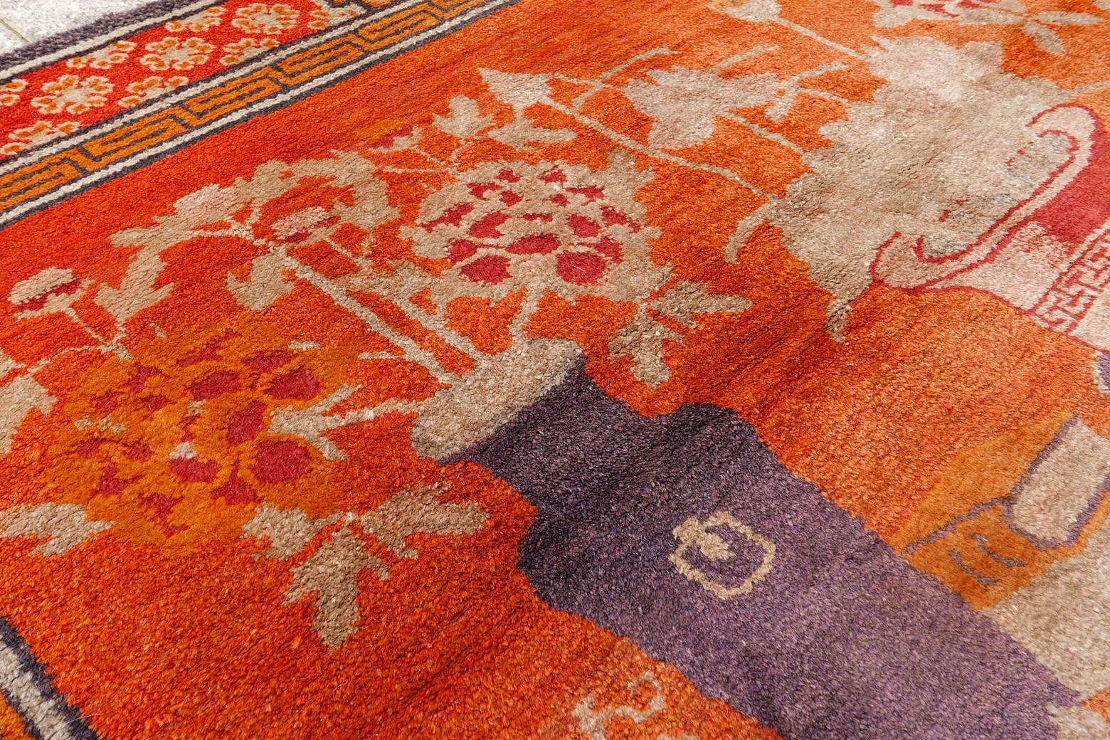 Vintage Red Chinese Rug with Pictorial Design Shabby Chic, 1930s at 1stDibs