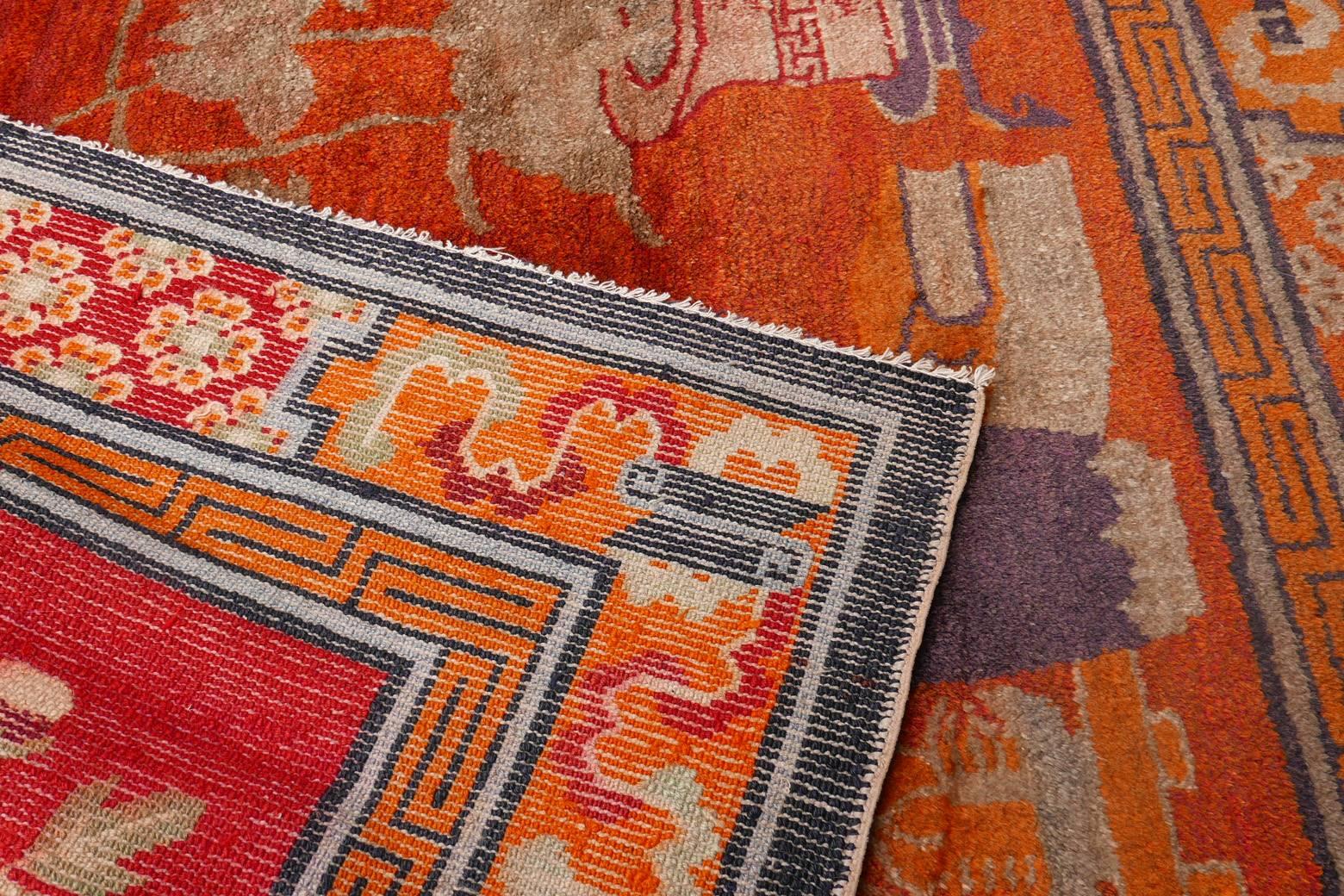 Vintage Red Chinese Rug with Pictorial Design Shabby Chic, 1930s at 1stDibs
