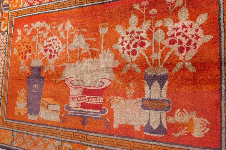 Vintage Red Chinese Rug with Pictorial Design Shabby Chic, 1930s at 1stDibs