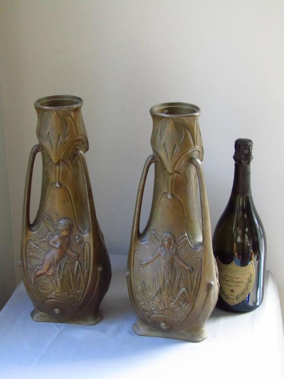 Pair of Art Nouveau Bronze Patinated Vases by J. Garnier, France, 1900 ...