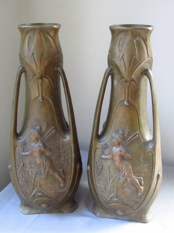 Pair of Art Nouveau Bronze Patinated Vases by J. Garnier, France, 1900 ...