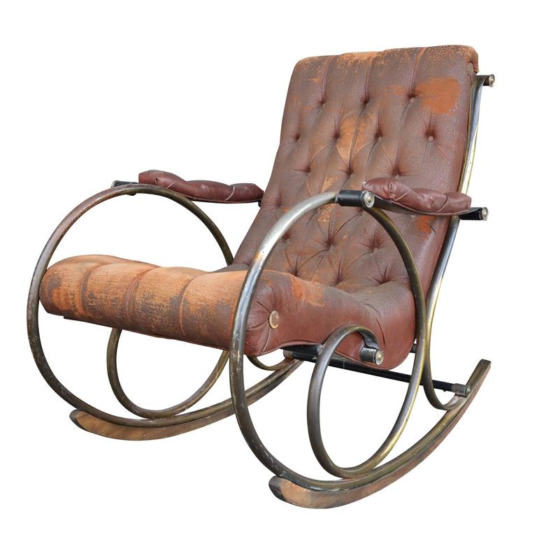Lee Woodard Rocking Chair with Weathered Upholstery, circa 1970s at 1stDibs