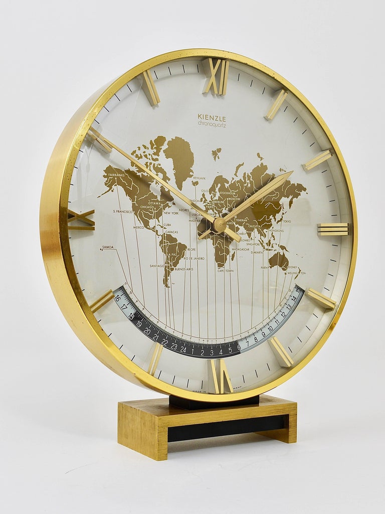 Large Midcentury Kienzle GMT World Time Zone Brass Table Clock, Germany ...