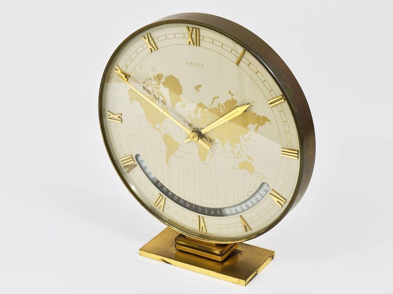 Large Midcentury Kienzle GMT World Time Zone Brass Table Clock, Germany ...