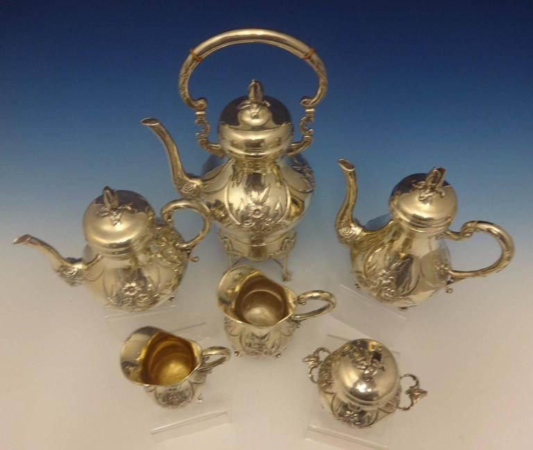 German Sterling Silver Tea Set Six-Piece Handmade w/ Applied Flowers ...