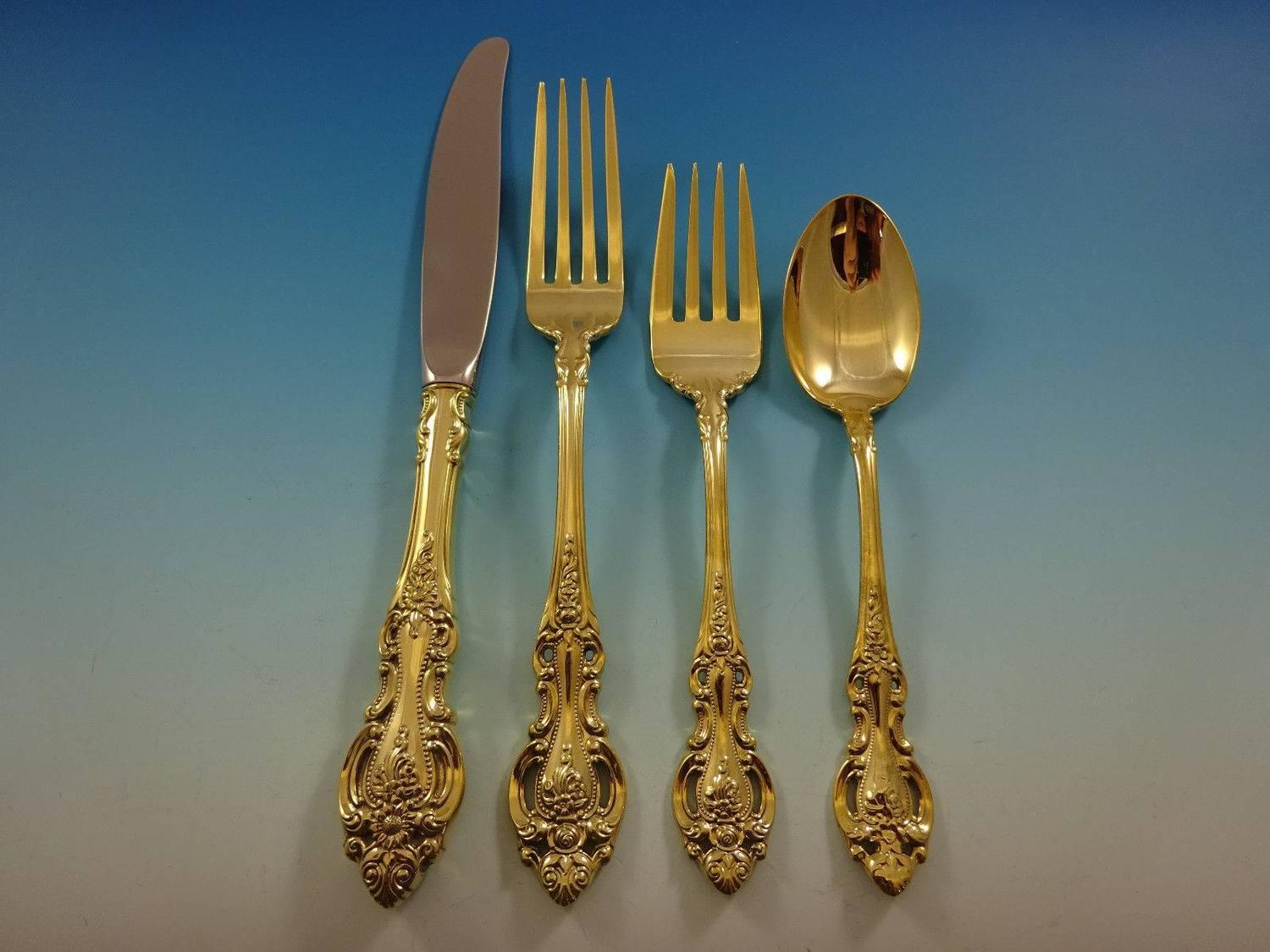 Grand Victorian by Wallace Sterling Silver Flatware Service 8 Set Gold ...