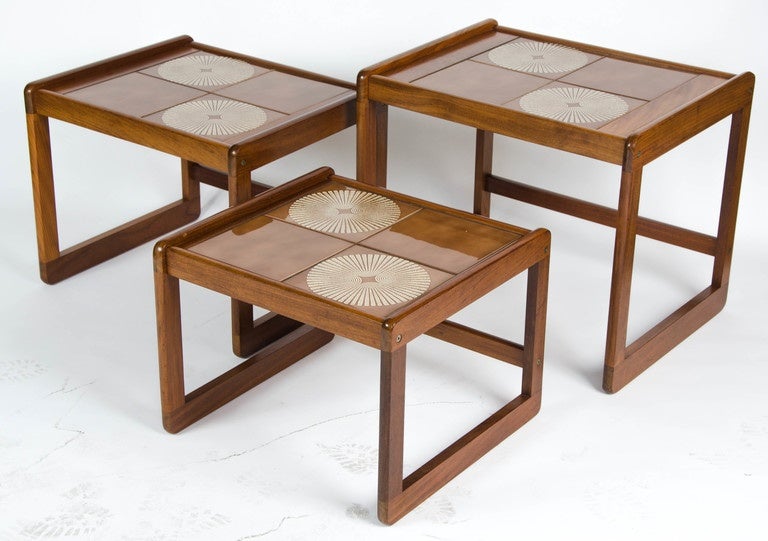 Nest of Three Teak Tables with Inset Tile Top For Sale at 1stDibs