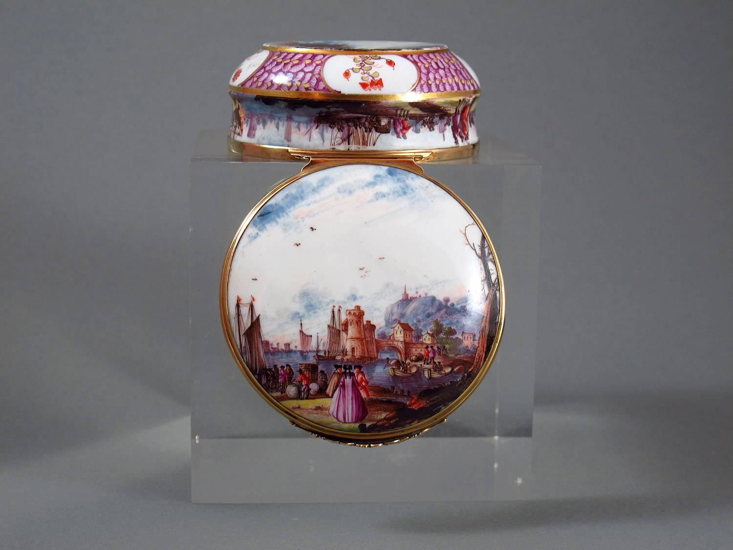 Gold-Mounted Circular Porcelain Snuff Box, Meissen, circa 1740 at 1stDibs