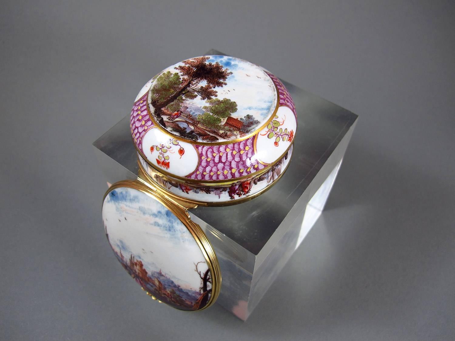 Gold-Mounted Circular Porcelain Snuff Box, Meissen, circa 1740 at 1stDibs