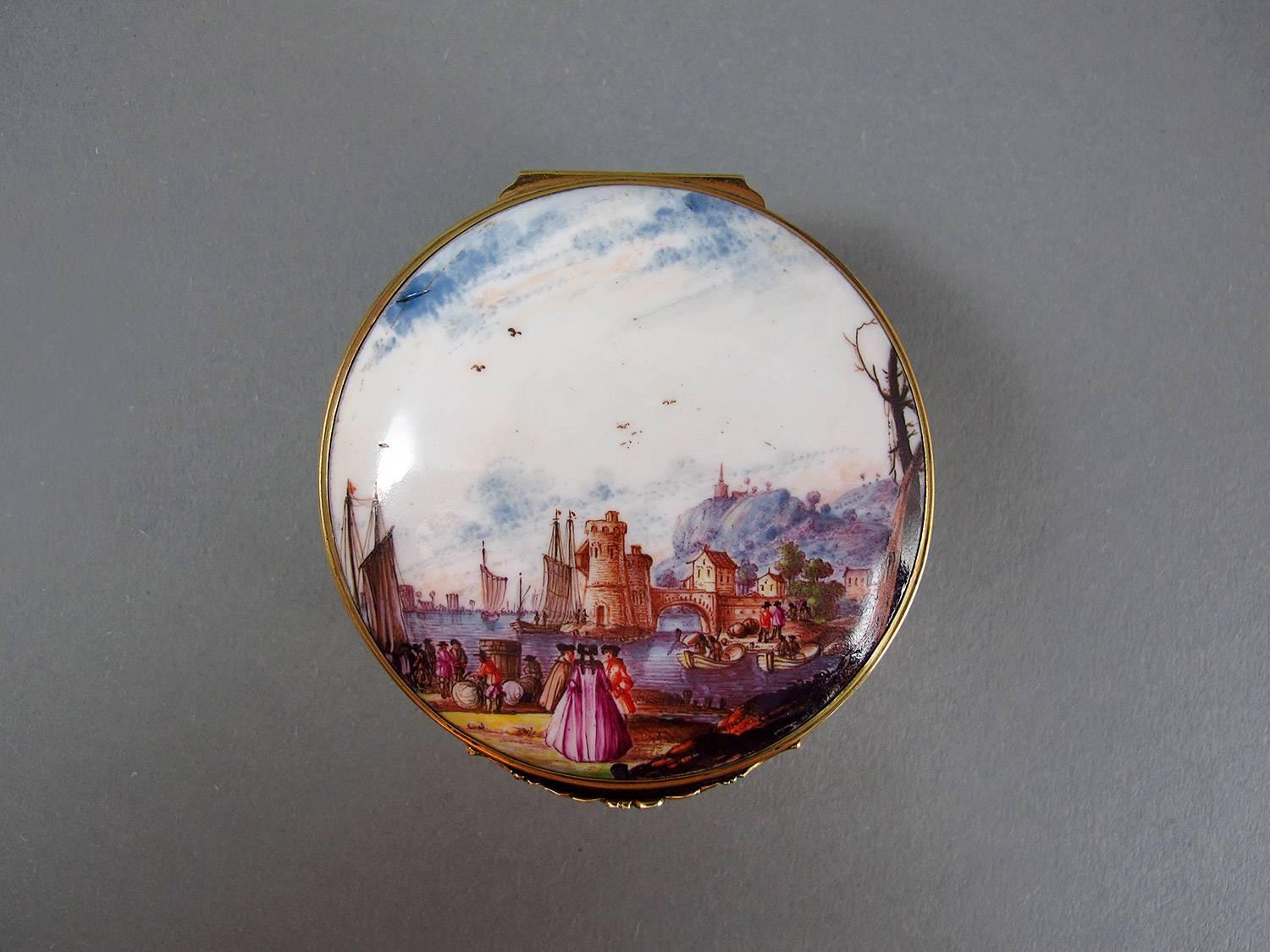 Gold-Mounted Circular Porcelain Snuff Box, Meissen, circa 1740 at 1stDibs