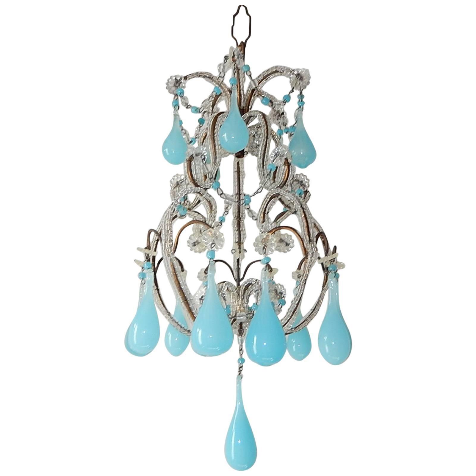 French Blue Opaline Drops and Beads Petit Chandelier Vintage at 1stDibs