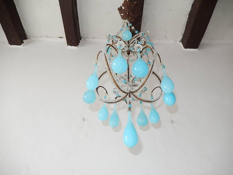 French Blue Opaline Drops and Beads Petit Chandelier Vintage at 1stDibs