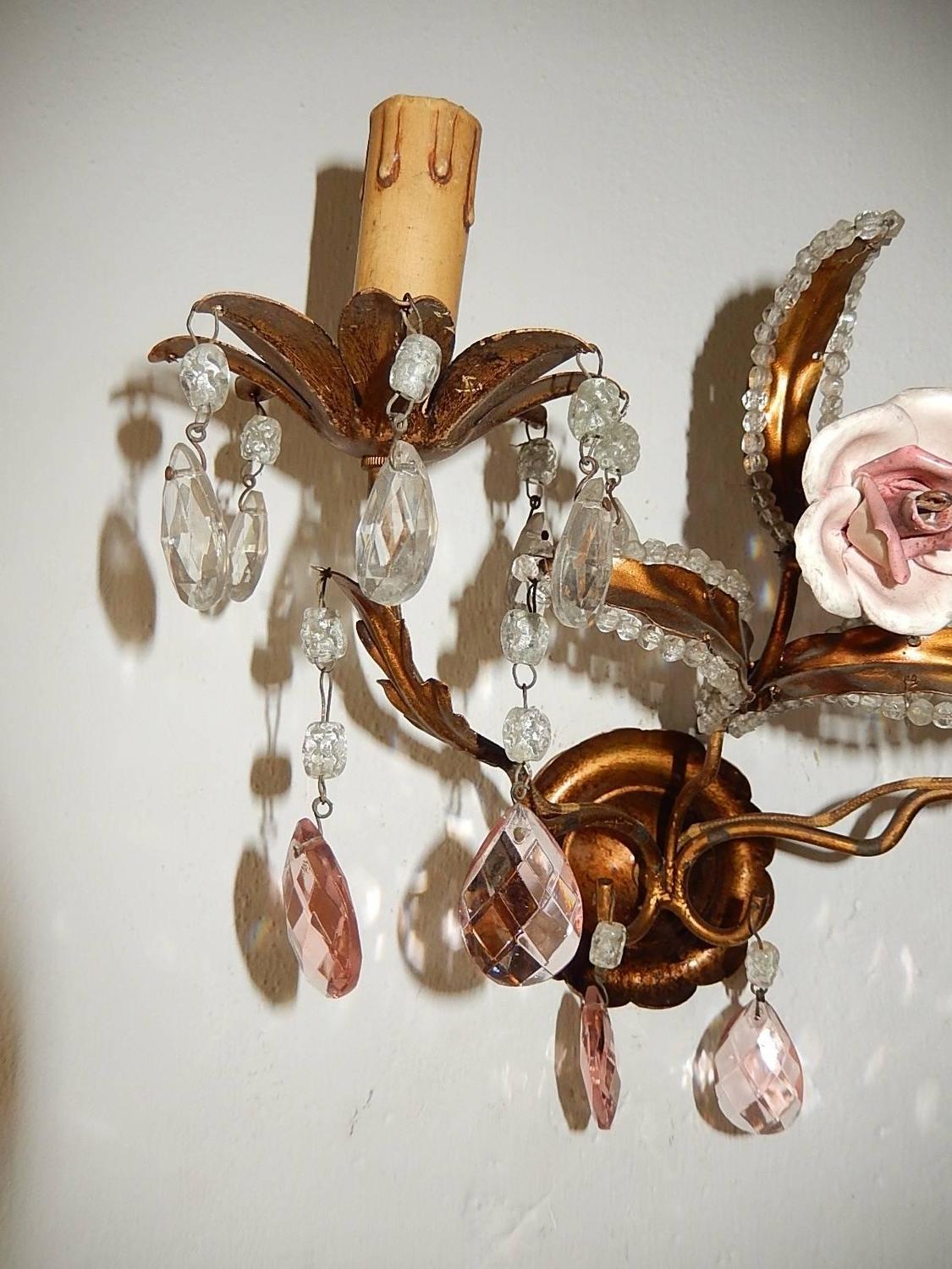 French Tole Beaded Porcelain Roses Pink Sconces For Sale at 1stdibs