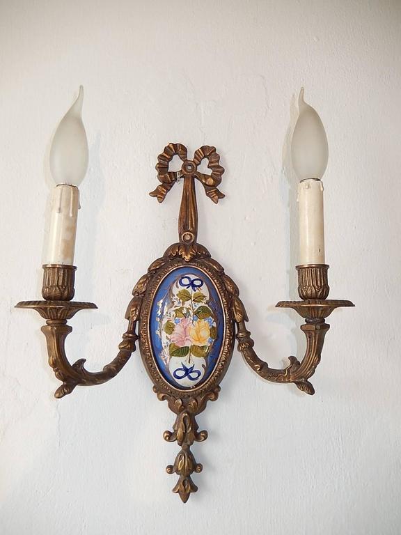 1900 Sevres Style Hand-Painted Floral Bronze Bows Sconces at 1stDibs
