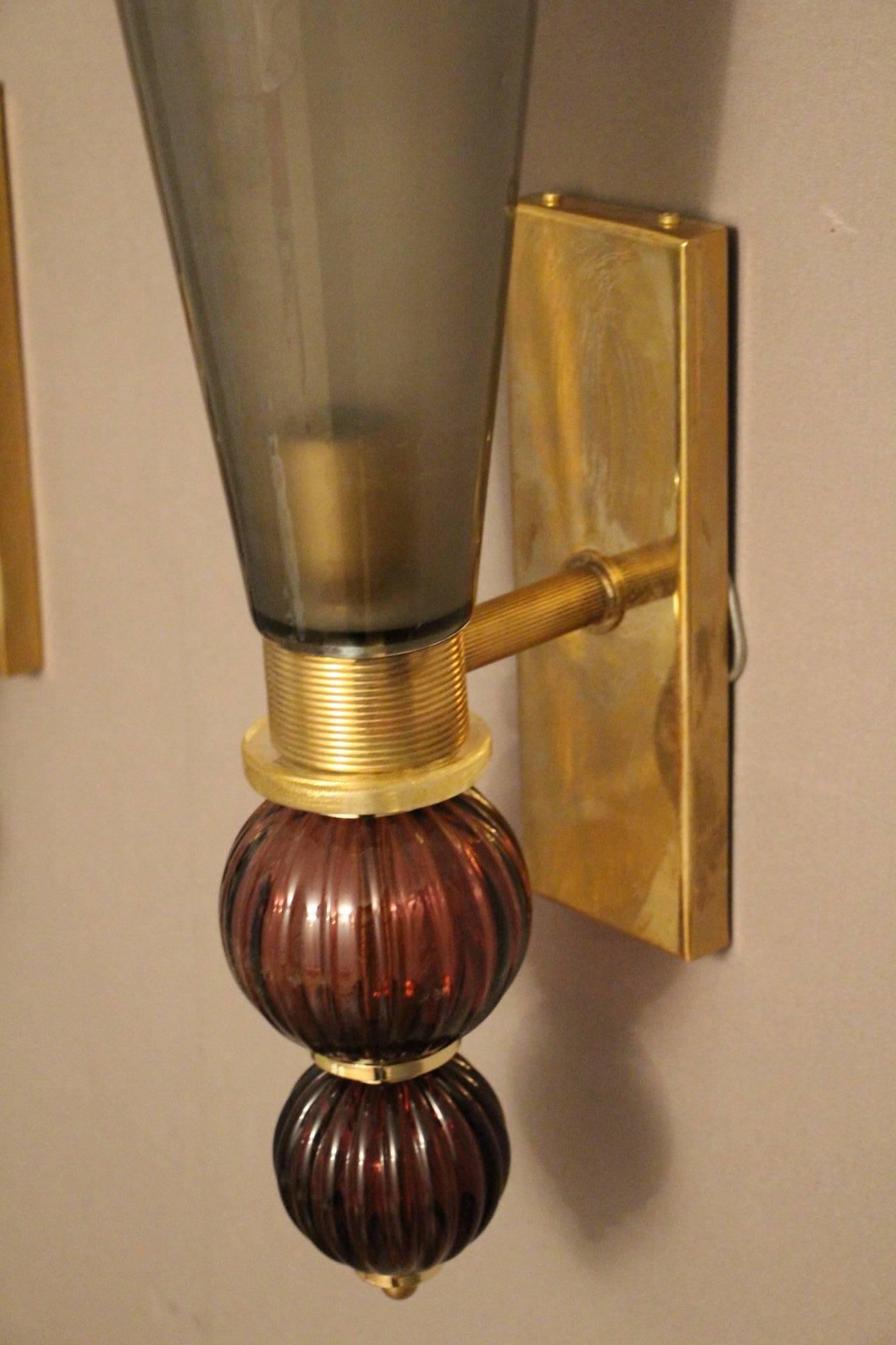 Pair of Italian Mid-Century Style Grey and Purple Murano Sconces at 1stDibs