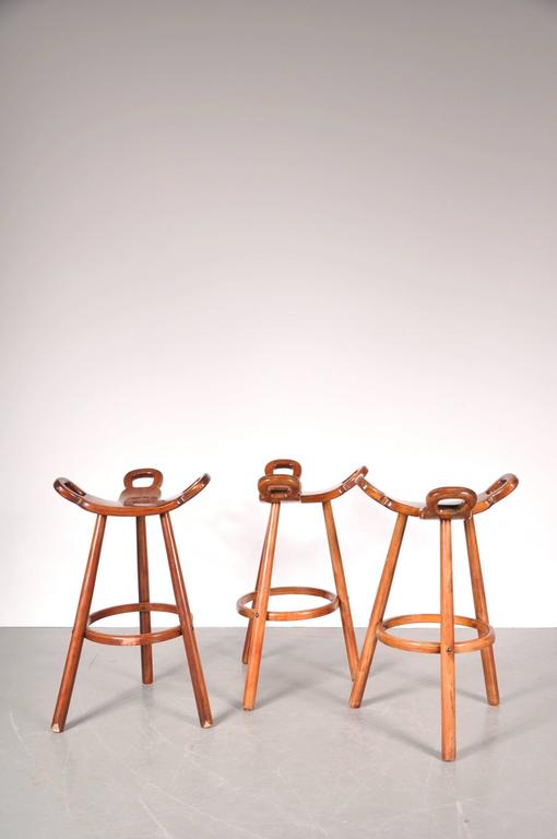 Set of Three Spanish Brutalist "Marbella" Bar Stools, circa 1970 at 1stDibs