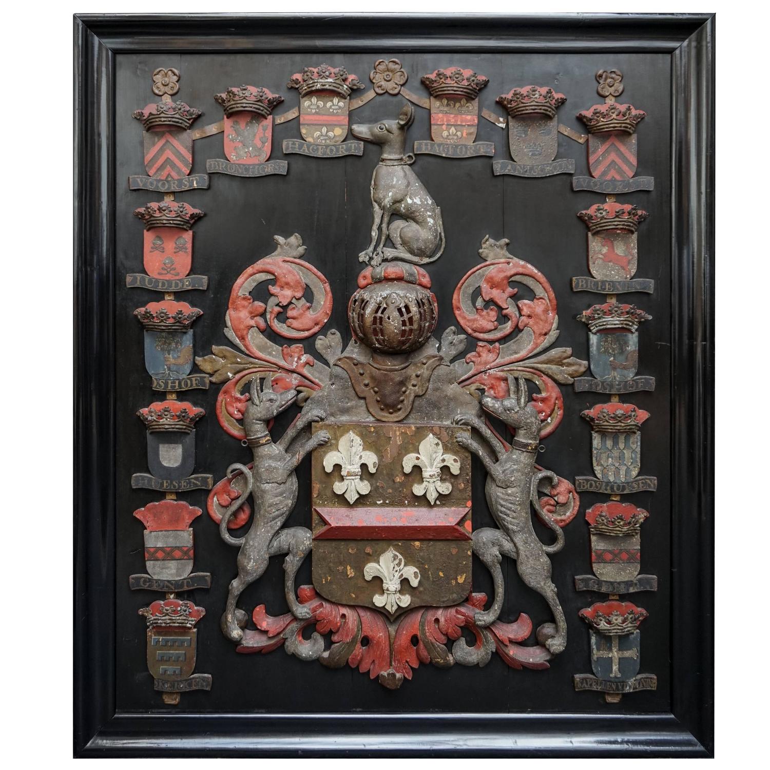 18th Century Large Carved Polychrome Dutch 'Hacfort' Heraldic Shield ...