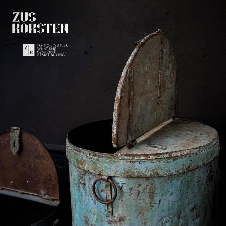 Two Large Vintage Metal Barrels For Sale at 1stdibs