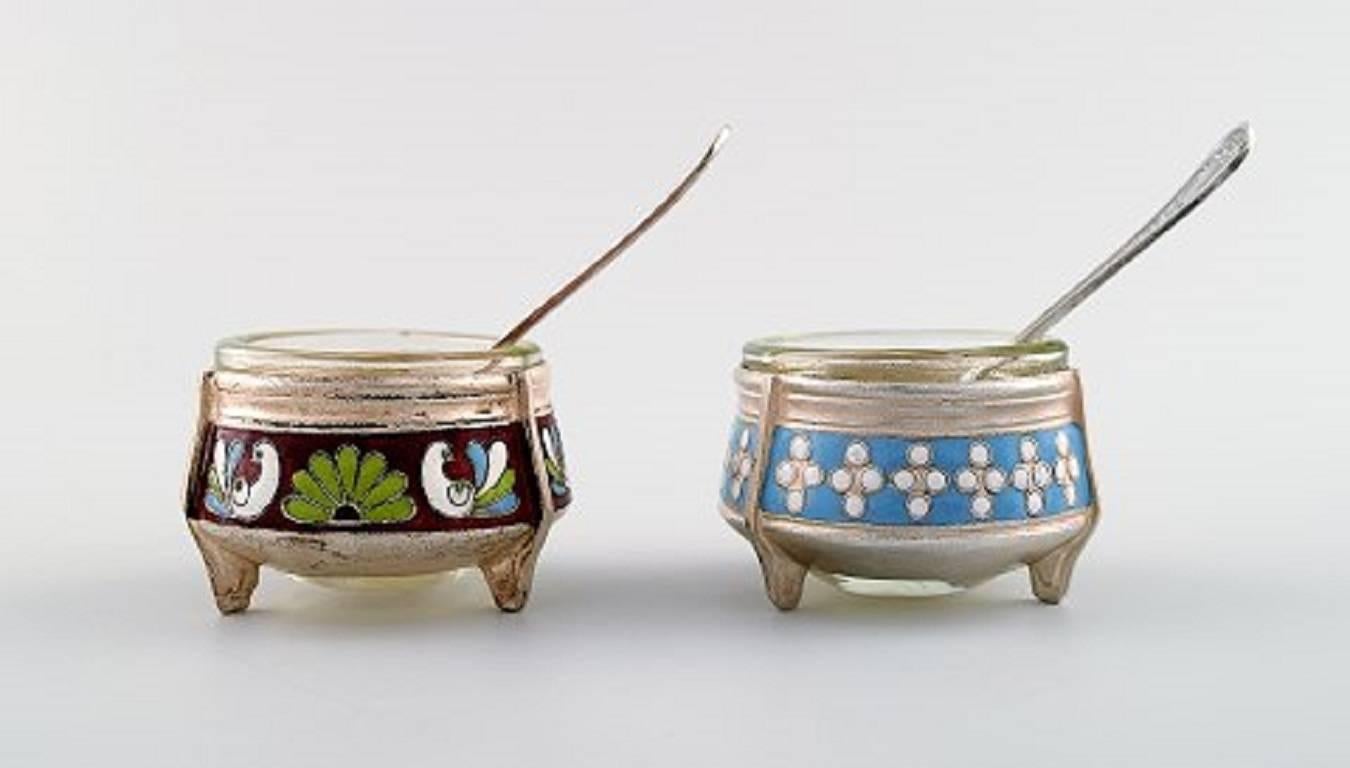 Six Russian Salt Cellars with Enamel Works in Various Colors, Glass ...